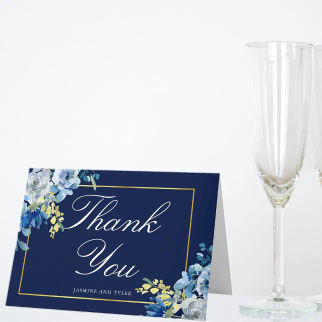 Navy Blue Gold Floral Elegant White Script Folded Thank You Card | Zazzle