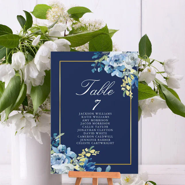 Navy Blue Gold Floral Wedding Table Names Card | Zazzle