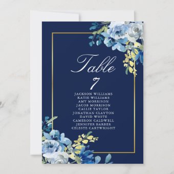 Navy Blue Gold Floral Wedding Table Names Card | Zazzle