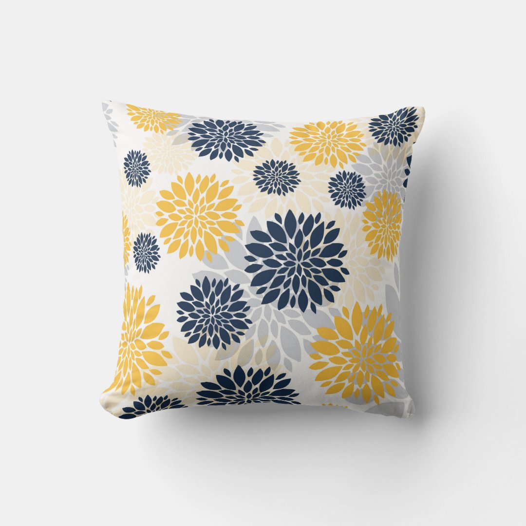 Navy Blue Gold Flower Pattern Throw Pillow | Zazzle