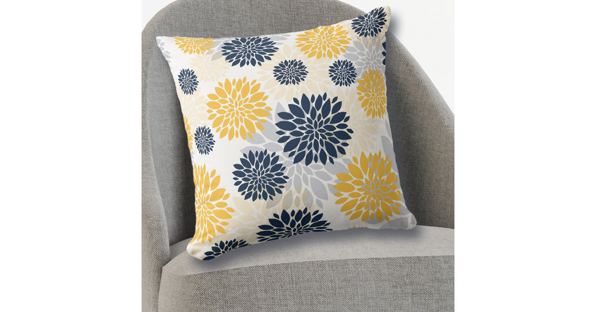 Navy Blue Gold Flower Pattern Throw Pillow | Zazzle