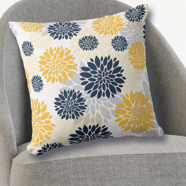 Navy Blue Gold Flower Pattern Throw Pillow | Zazzle
