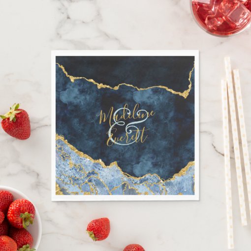 Navy Blue Gold Foil Agate Marble Wedding Monogram Napkins | Zazzle