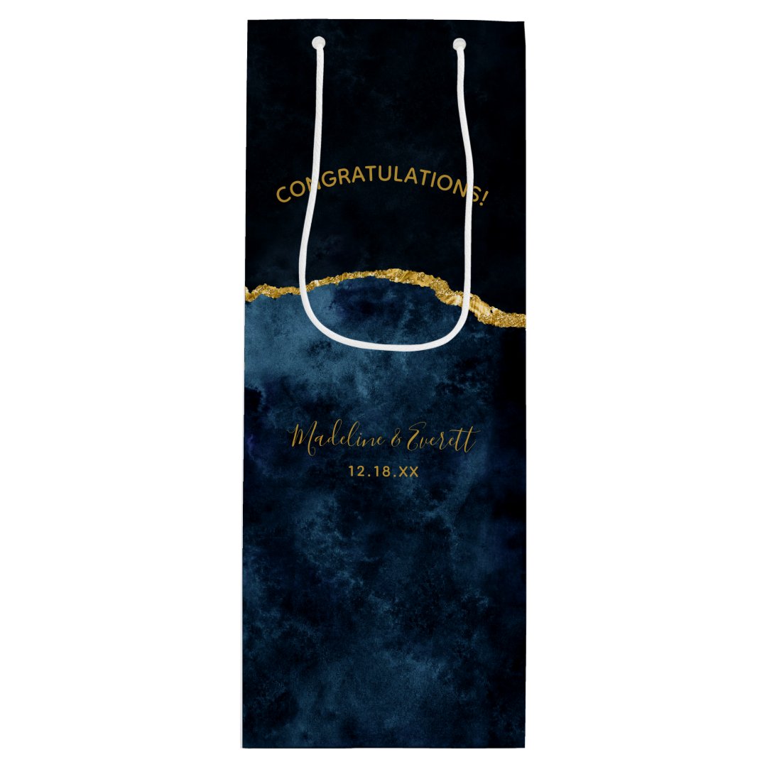 Navy Blue Gold Foil Agate Wedding Congratulations Wine Gift Bag | Zazzle