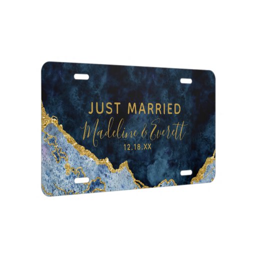 Navy Blue & Gold Foil Agate Wedding Just Married License Plate | Zazzle