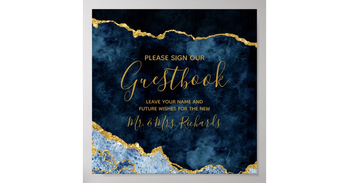 Navy Blue Gold Foil Wedding Guestbook Table Sign | Zazzle