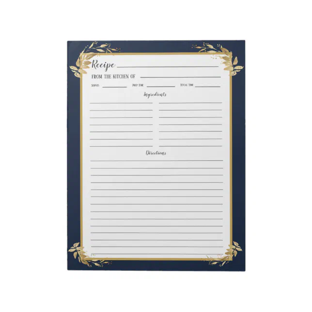 Navy Blue Gold Foliage Recipe Binder Notepad | Zazzle