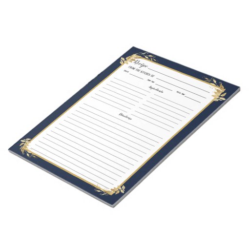 Navy Blue Gold Foliage Recipe Binder Notepad | Zazzle