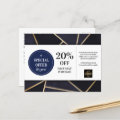 Navy Blue Gold Geometric Coupon Discount Postcard | Zazzle