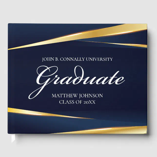 Navy Blue Gold Geometric Custom Formal Graduation Guest Book | Zazzle