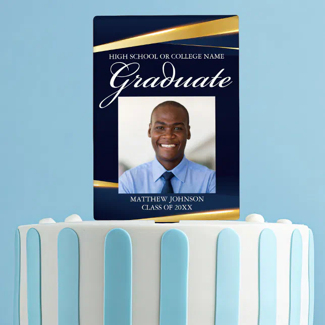 Navy Blue Gold Geometric Formal Photo Graduation Cake Topper | Zazzle
