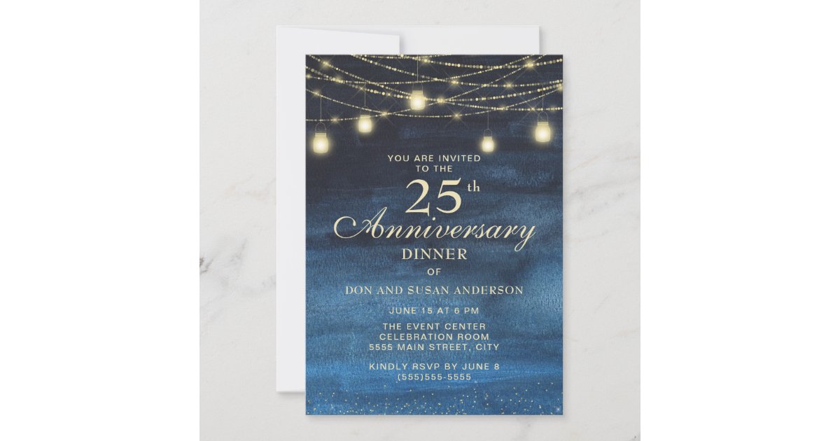 Navy Blue Gold Glitter 25th Wedding Anniversary Invitation | Zazzle