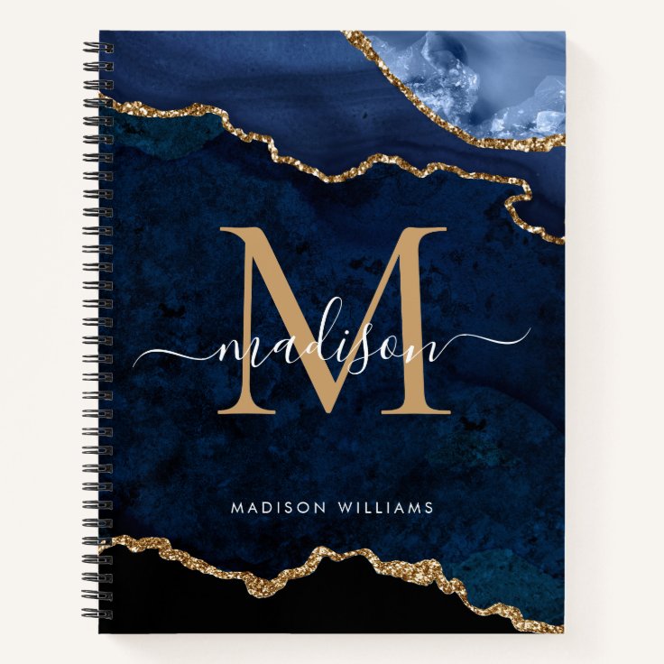 Navy Blue Gold Glitter Agate Geode Monogram Notebook | Zazzle