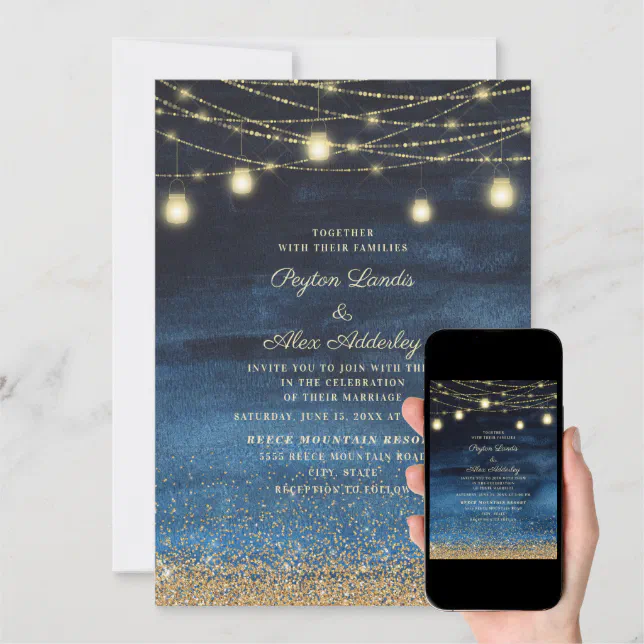 Navy Blue Gold Glitter String Light Wedding Invitation | Zazzle