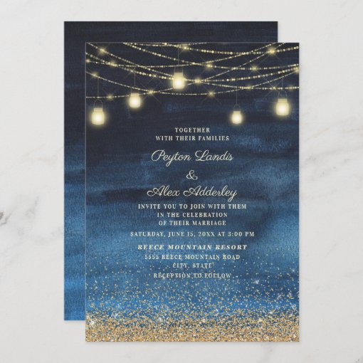 Navy Blue Gold Glitter String Light Wedding Invitation | Zazzle
