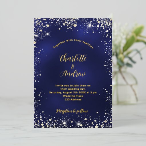 Navy blue gold glitter wedding foil invitation | Zazzle
