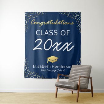 Navy Blue Gold Graduation Party Backdrop | Zazzle