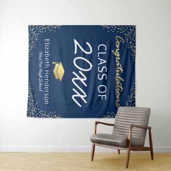 Navy Blue Gold Graduation Party Backdrop | Zazzle