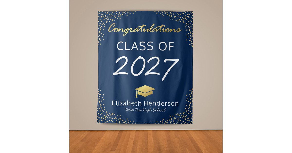 Navy Blue Gold Graduation Party Backdrop | Zazzle