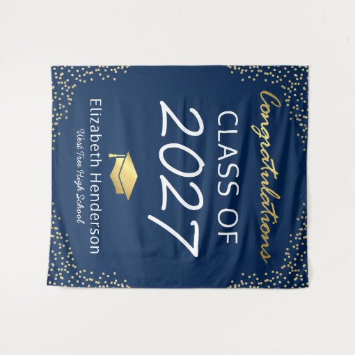 Navy Blue Gold Graduation Party Backdrop | Zazzle