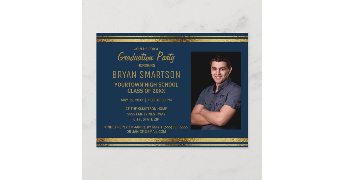 Navy Blue Gold Graduation Party Photo Postcard | Zazzle