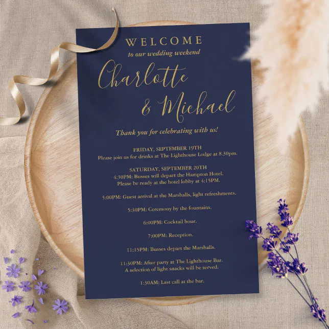 Navy Blue Gold Guest Wedding Weekend Program | Zazzle