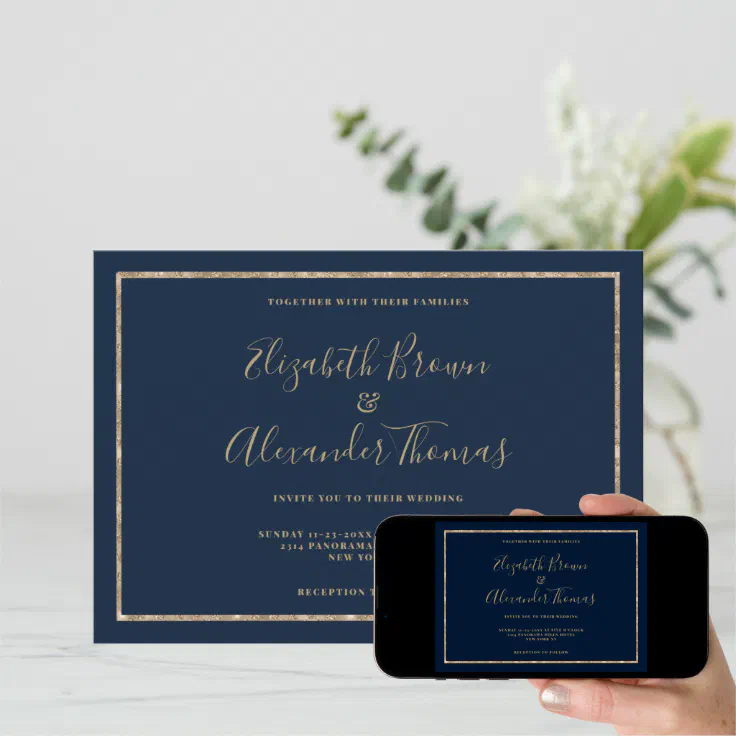 Navy blue gold handwritten calligraphy wedding invitation | Zazzle