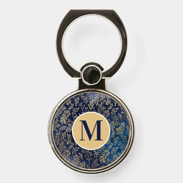 Navy Blue Gold Leaves Monogram Initial Phone Ring Stand | Zazzle