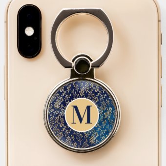 Navy Blue Gold Leaves Monogram Initial Phone Ring Stand | Zazzle