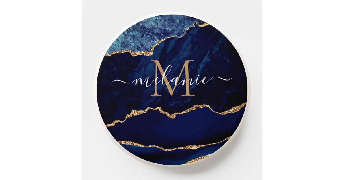 Navy Blue Gold Marble Custom Name Letter PopSocket | Zazzle