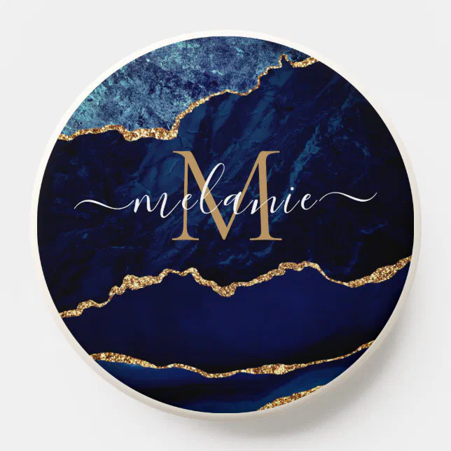 Navy Blue Gold Marble Custom Name Letter PopSocket | Zazzle