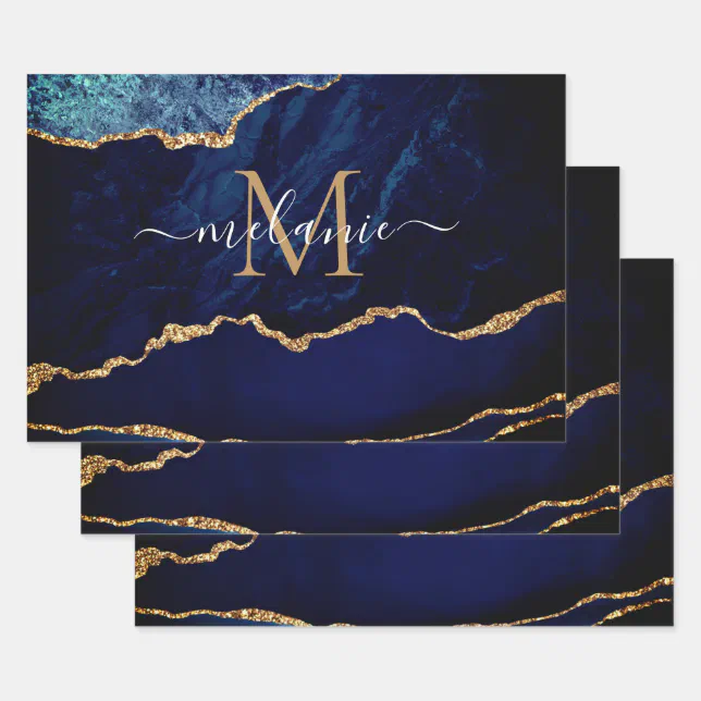 Navy Blue Gold Marble Custom Name Wrapping Paper | Zazzle