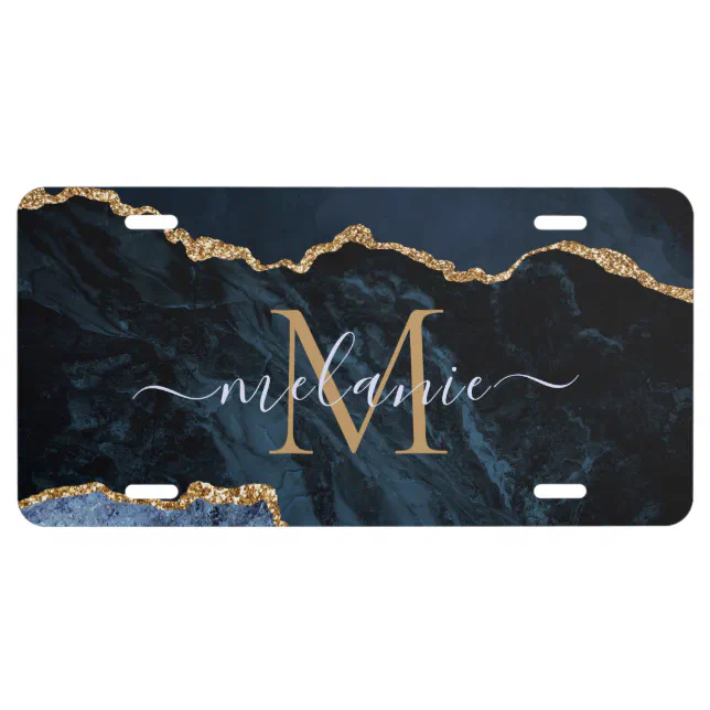 Navy Blue Gold Marble Monogram Name License Plate | Zazzle