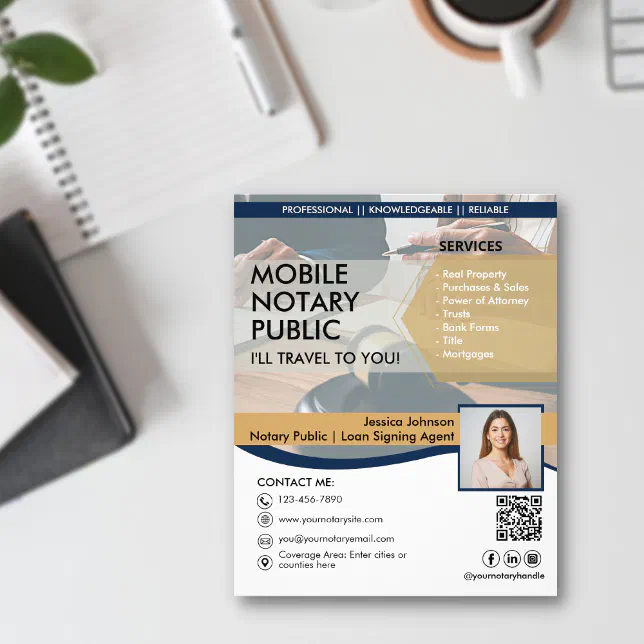 Navy Blue & Gold Mobile Notary Marketing Template Flyer | Zazzle