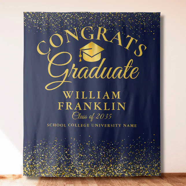 Navy Blue Gold Modern Graduation Photo Backdrop | Zazzle
