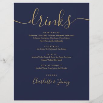 Navy Blue Gold Modern Script Wedding Drinks Menu Flyer | Zazzle