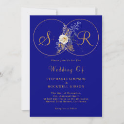 Navy Blue Gold Monogram Wedding Invitation | Zazzle