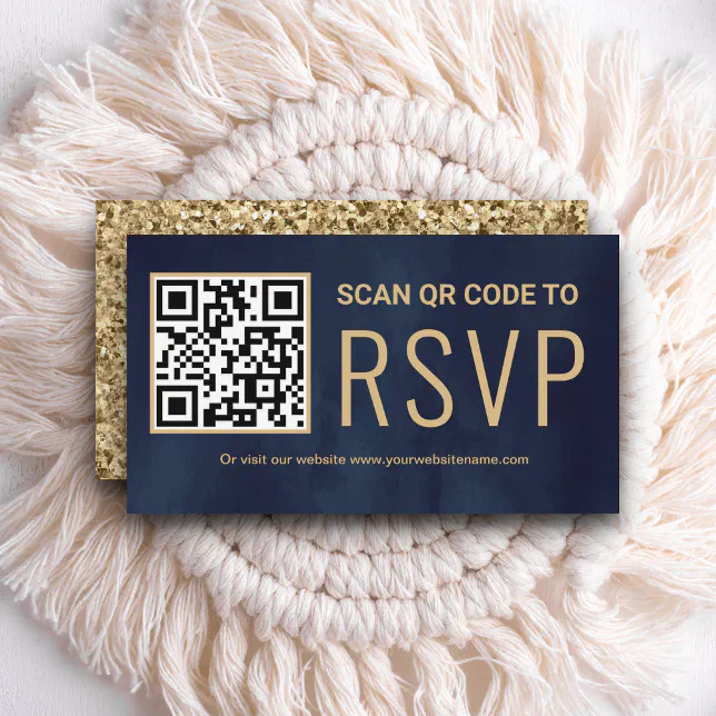 Navy Blue Gold Online QR Code RSVP Wedding Website Enclosure Card | Zazzle