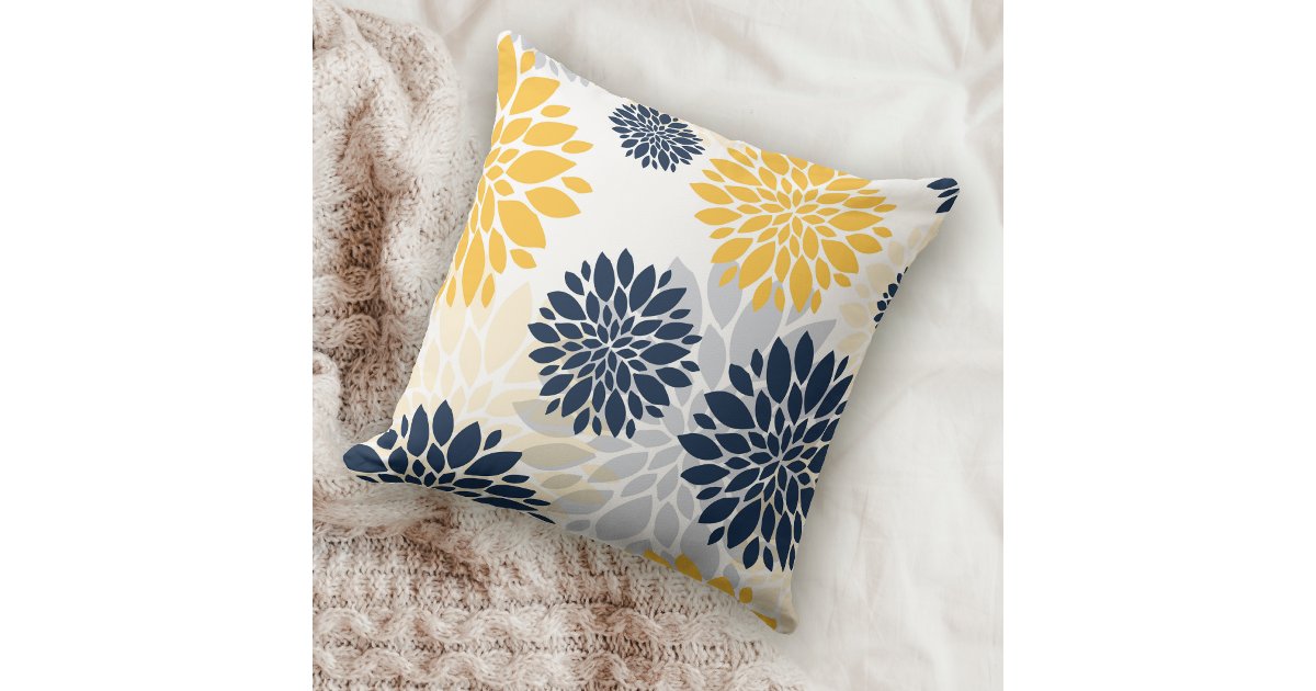 Navy Blue Gold Oversized Flower Pattern Throw Pillow | Zazzle