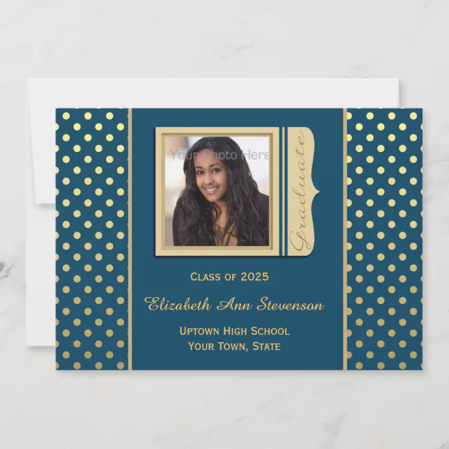 Navy Blue, Gold Polka Dots, Graduation Photo Invitation | Zazzle