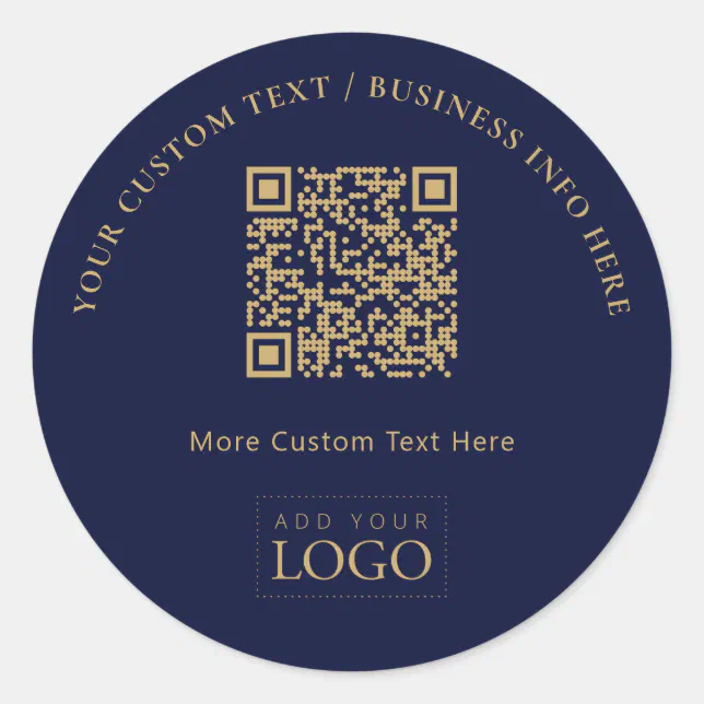 Navy Blue Gold Promotional Business Logo QR Code Classic Round Sticker ...