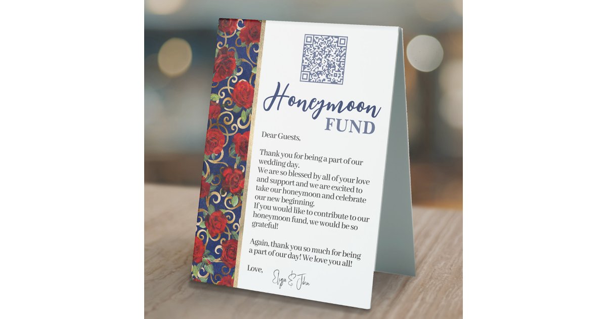 Navy Blue & Gold Red Roses QR Code Honeymoon Fund Table Tent | Zazzle