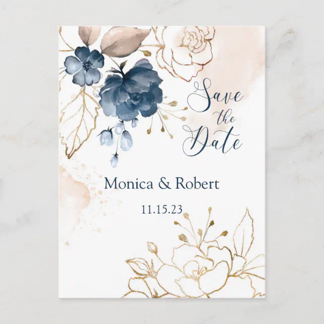 Navy blue & gold roses Save the Date Postcard | Zazzle