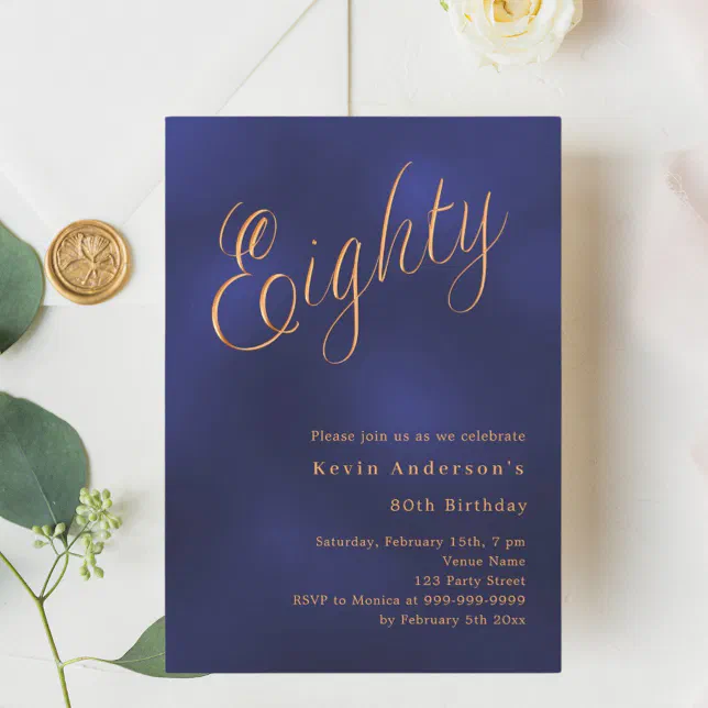 Navy blue gold script 80th birthday invitation | Zazzle