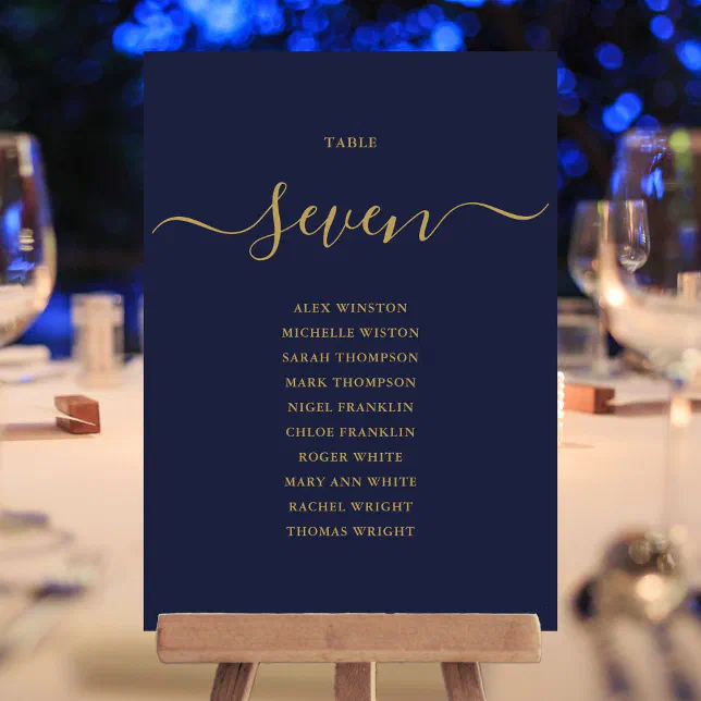 Navy Blue Gold Script Table Number Seating Chart | Zazzle