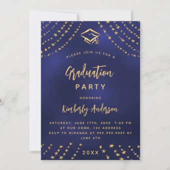 Navy blue gold stars graduation party modern year invitation | Zazzle