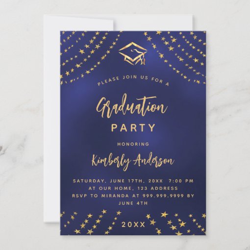 Navy blue gold stars graduation party modern year invitation | Zazzle