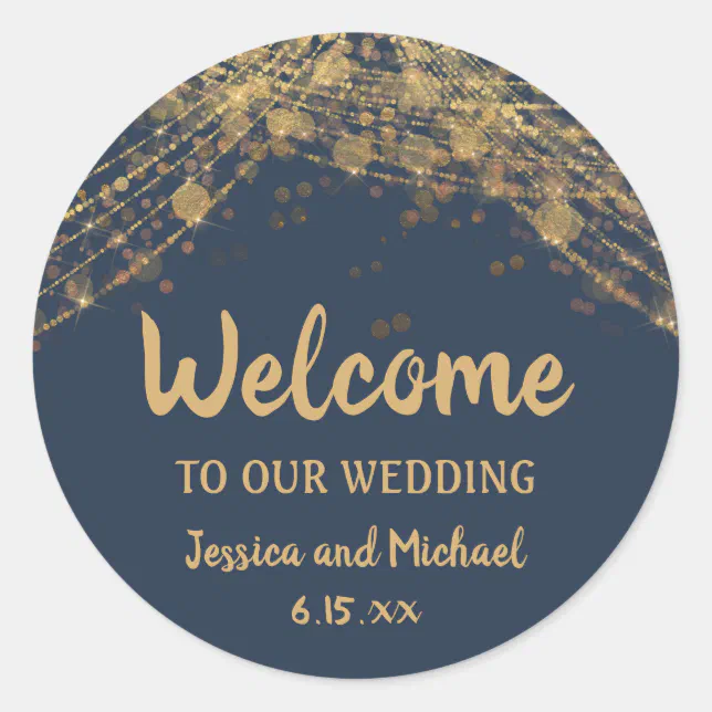 Navy Blue Gold String Lights Round Classic Round Sticker | Zazzle