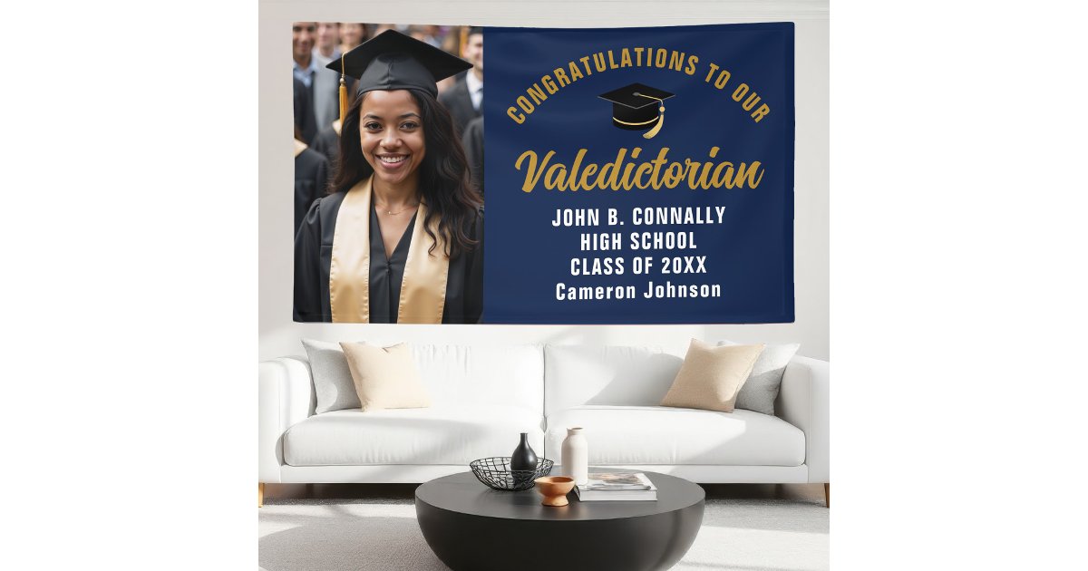 Navy Blue Gold Valedictorian Graduation Party Banner | Zazzle