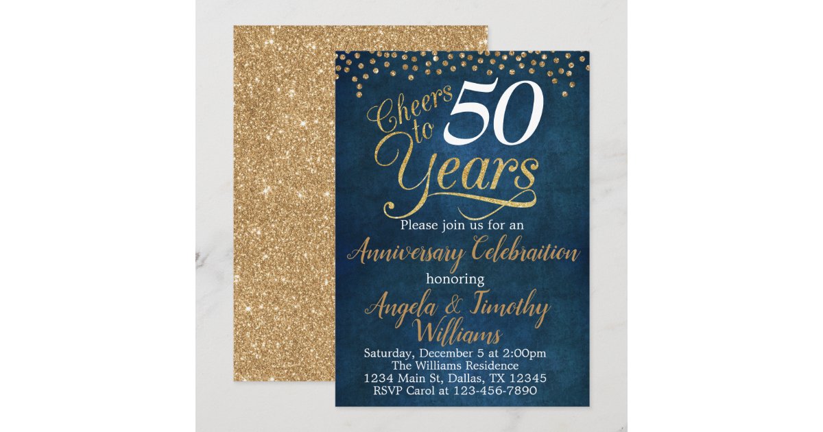 Navy Blue Gold Wedding Anniversary Invitation | Zazzle